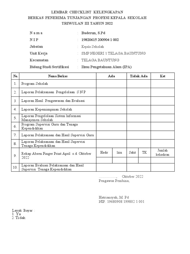 Pemberkasan TPG T3 Kepsek & Guru 2022 | PDF