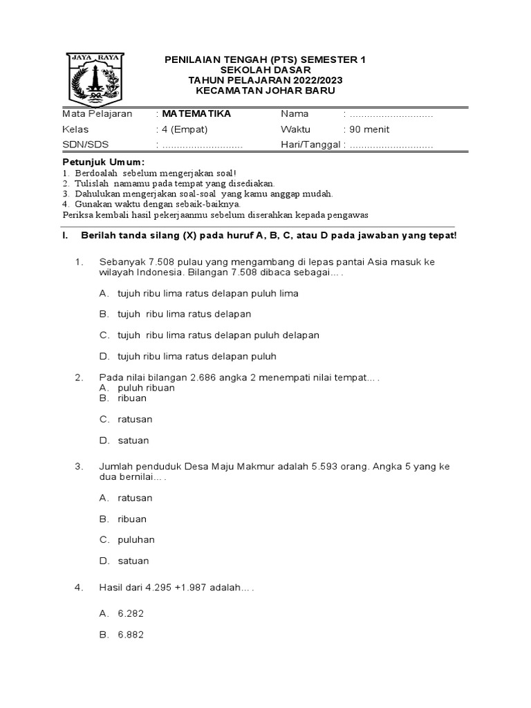 Soal MTK Pts Kls 4 | PDF