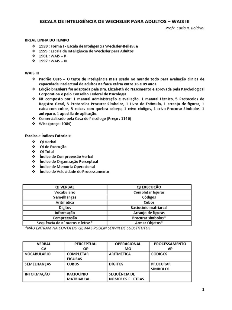 Wais III - Escala de Inteligência de Wechsler para Adultos | PDF ...