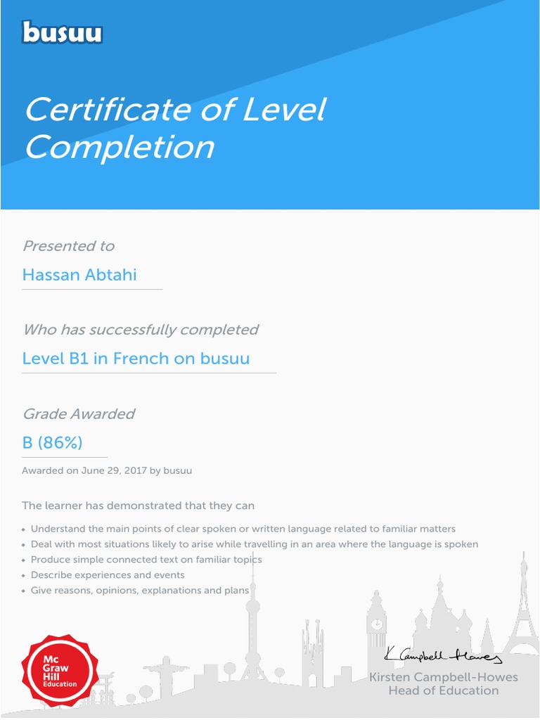 Certificate of Level Completion: Hassan Abtahi | PDF