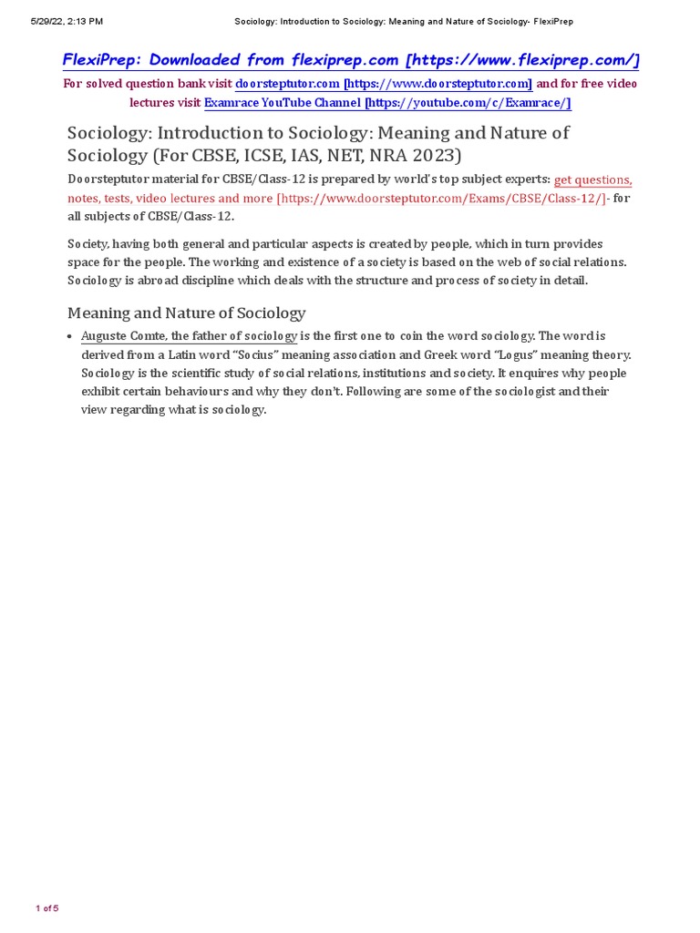 NIOS Class 12 Sociology Unit 1 Introduction To Sociology Part 1 | PDF | Sociology | Science