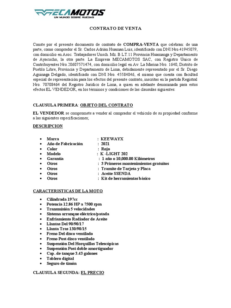Contrato de Pre Venta Moto | PDF | Tecnología de vehículos | Vehículos