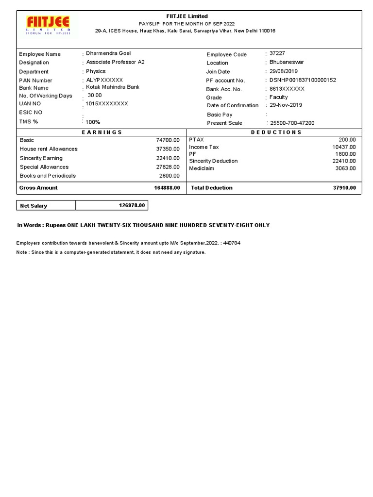 Monthly Payslip SEP 2022 | PDF | Economies | Income