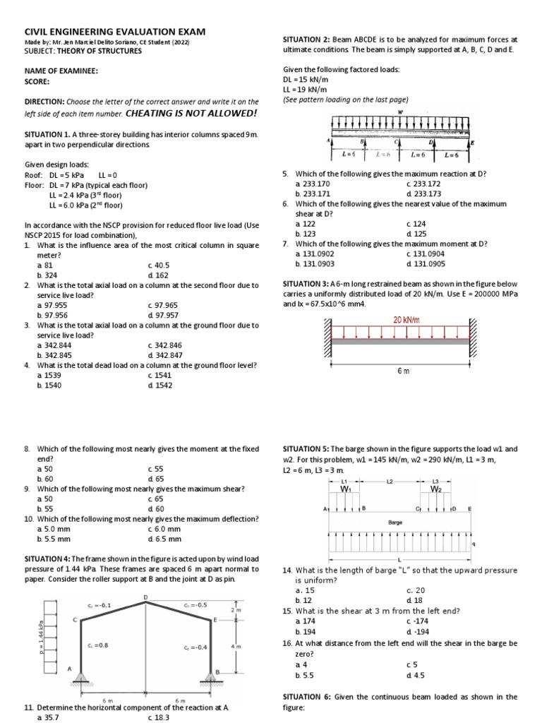 Structural Theory Eval Exam by Soriano | PDF | Beam (Structure) | Bending