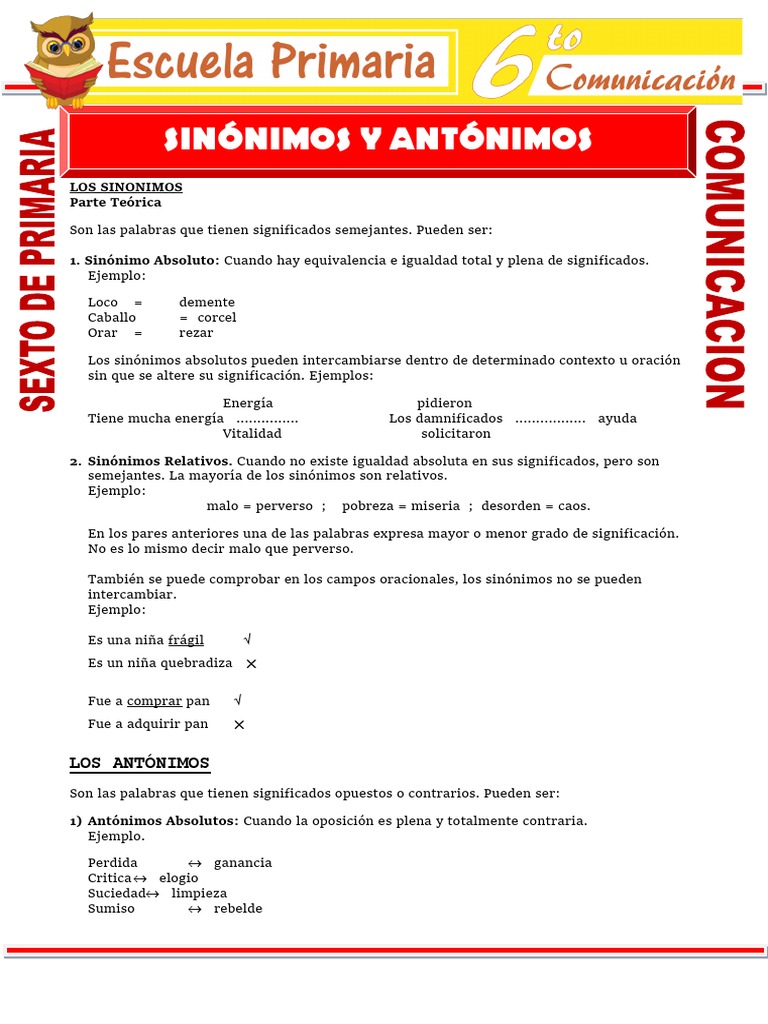 Actividades de Sinónimos y Antónimos para Sexto de Primaria | PDF ...
