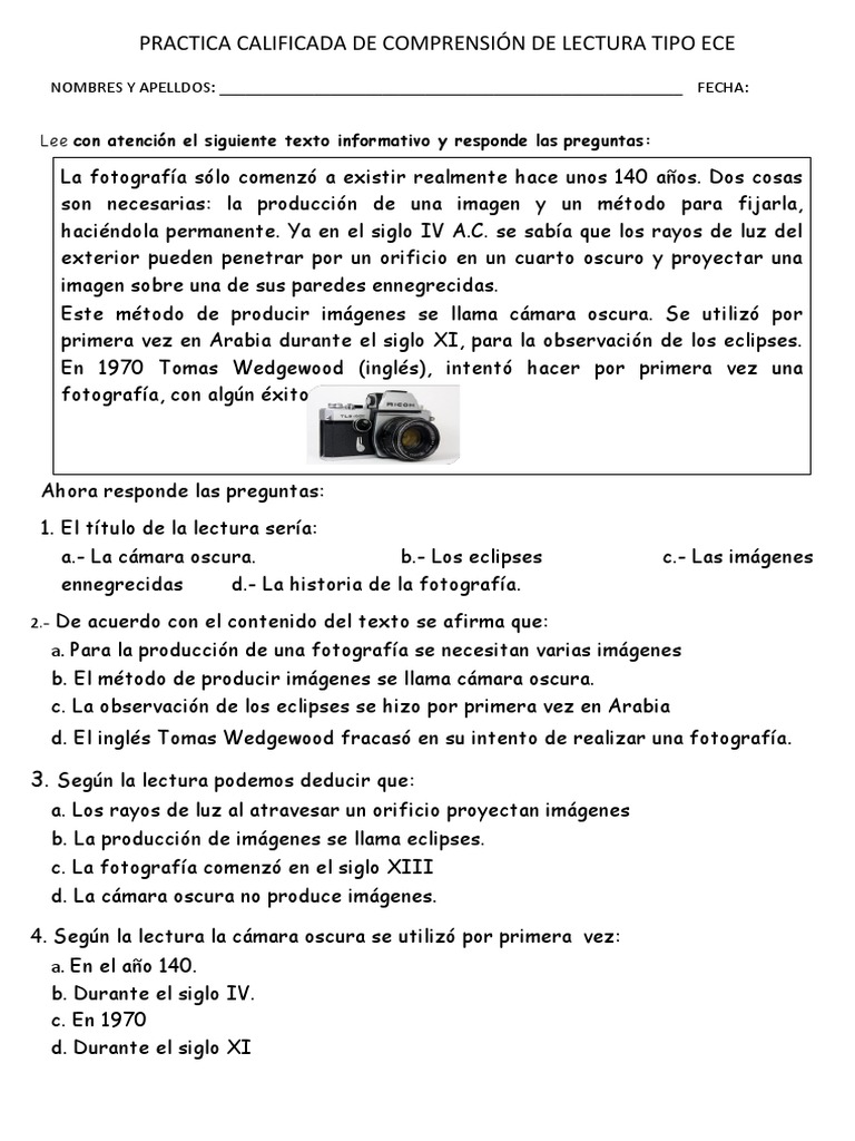 Practica Calif de Comprensión de Lectura Tipo Ece Fotografía y Espejo | PDF