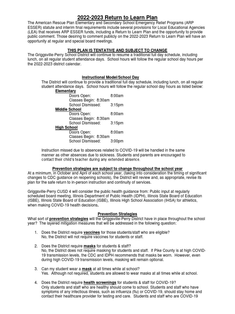 2022-2023 Reviewed Return To Learn Plan | PDF | Schools | Medicine