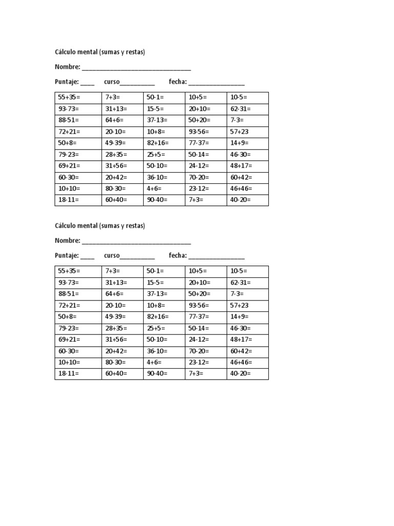 Calculo Mental Planilla 2 | PDF