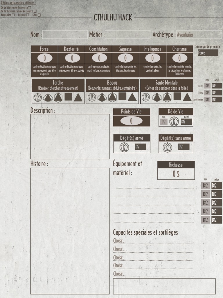 Fiche Personnage Cthulhu Hack | PDF | Gaming | Jeux de rôles