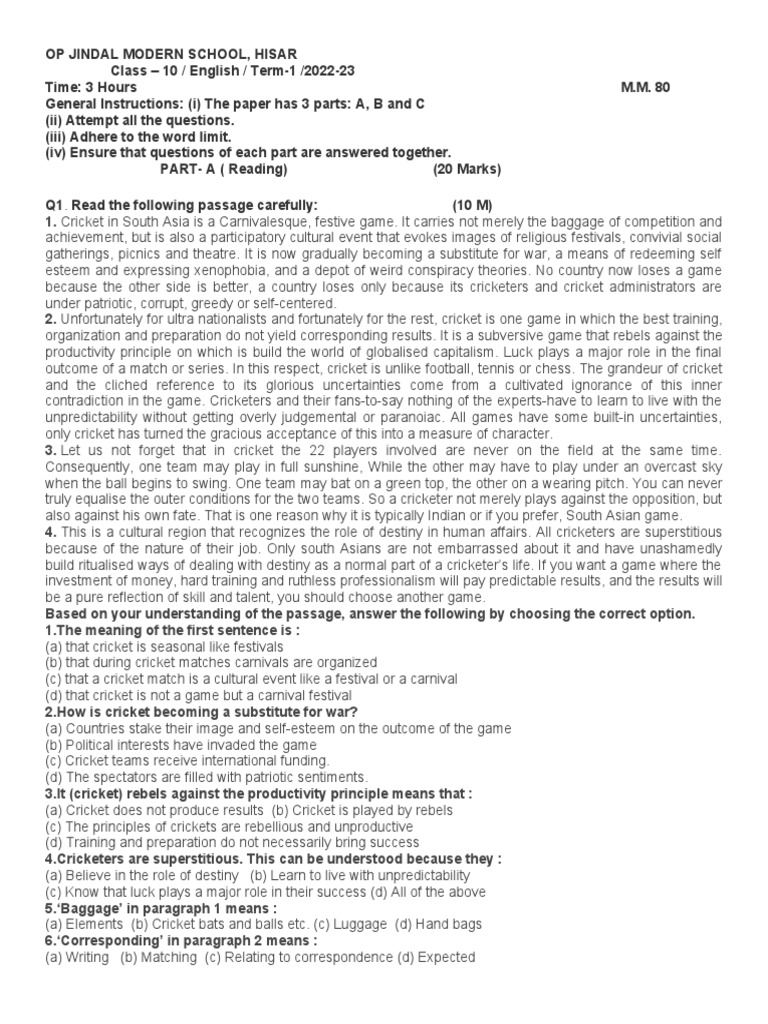 Class 10 - Practice Question Paper - English 2 | PDF | Cricket | Monkey