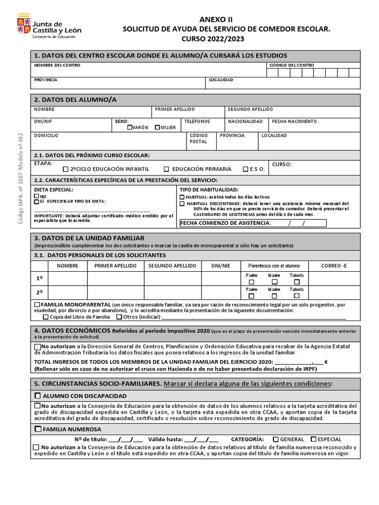 Modelo Solicitud Ayuda Comedor Escolar 2022 - 2023 | PDF | Gobierno