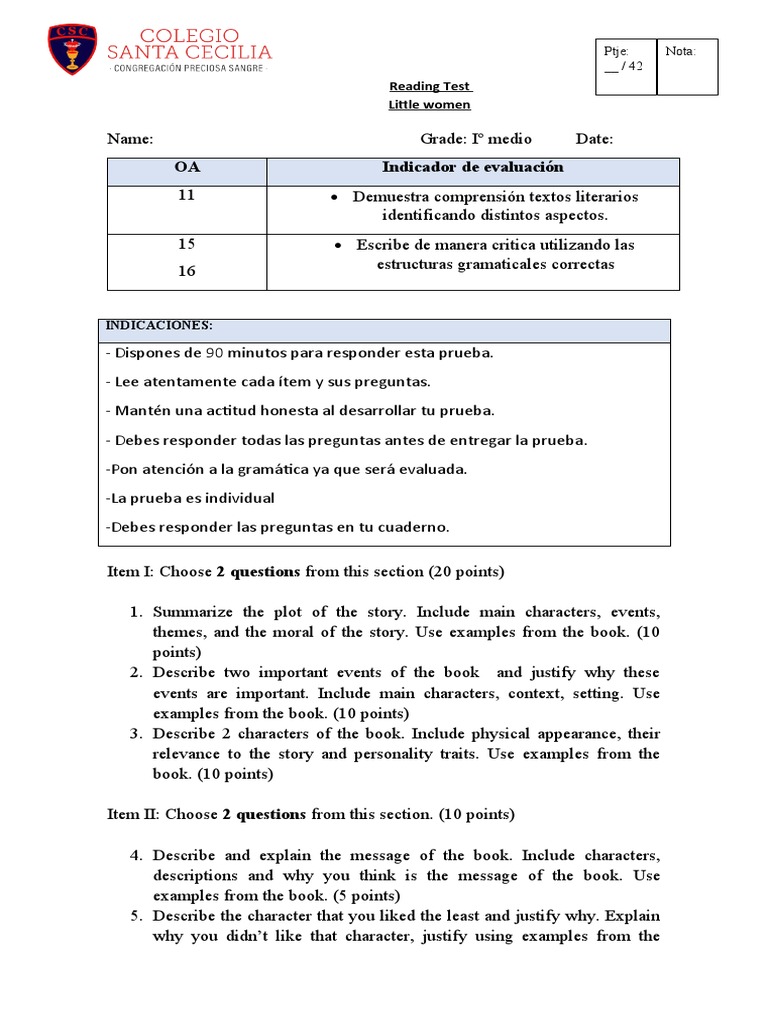 Ignacia Antonia Solis Ramírez - Reading Test Iº Medio | PDF | Psychology