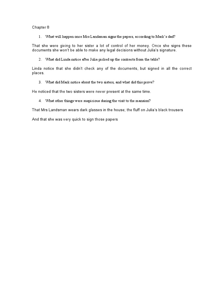 Chapter 8 Questions | PDF | Mystery, Thriller & Crime Fiction