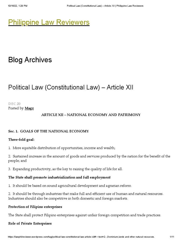 Philippine Constitutional Law: Article XII Overview | PDF | Citizenship ...