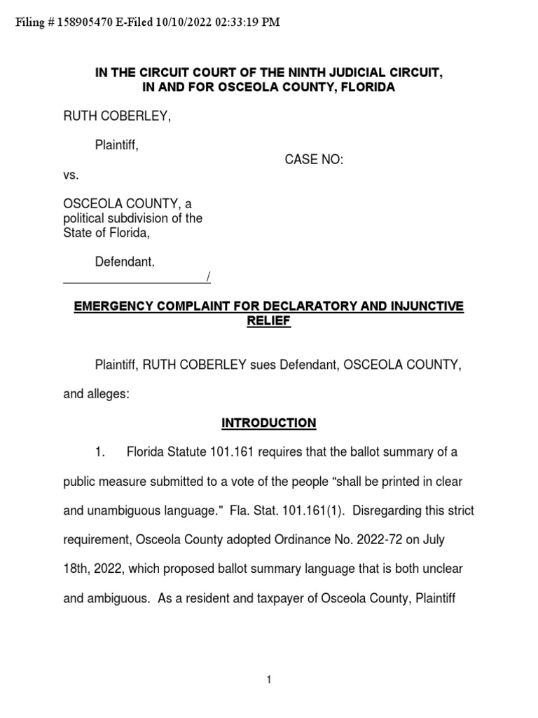 Emergency Complaint For Declaratory and Injunctive Relief | PDF