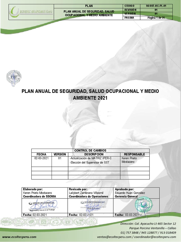 Plan Anual de Seguridad, Salud Ocupacional y Medio Ambiente 2021-2022 de ECOLTEC INGENIEROS S.A ...