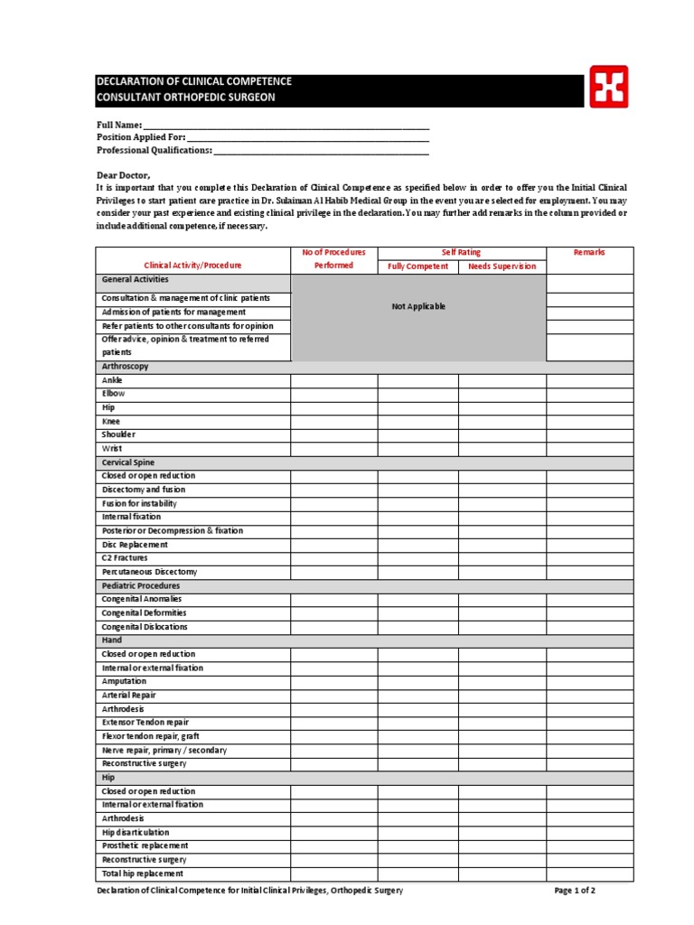 Declaration of Competence Consultant Orthopedic Surgeons | Download ...