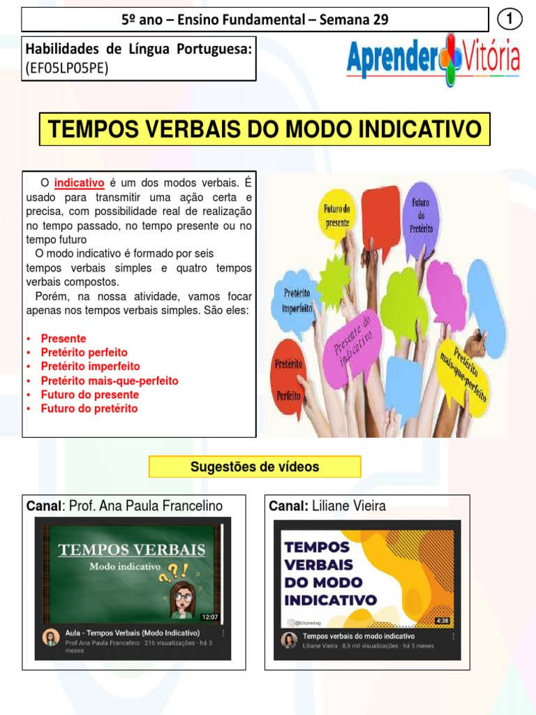 Atividade 5° Ano Semana 29 - Tempos Verbais Do Modo Indicativo | PDF | Linguística | Morfologia ...