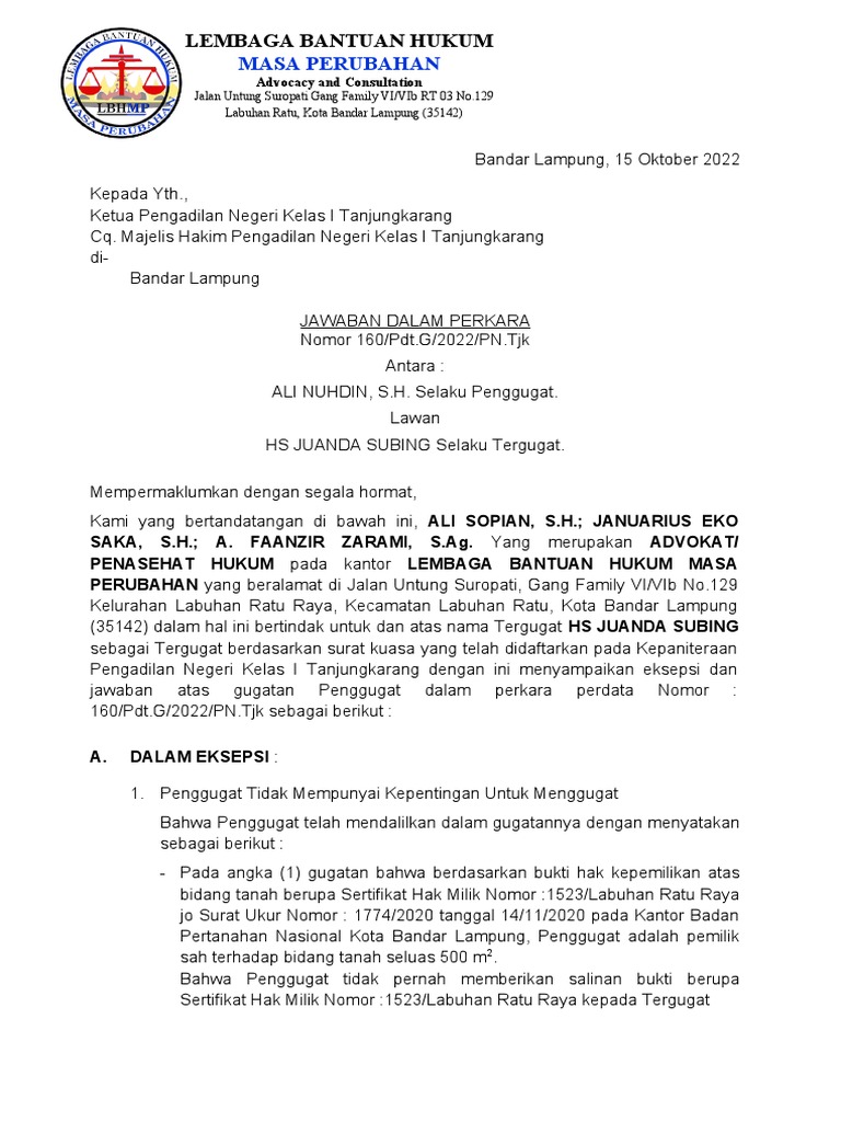Eksepsi Gugatan PMH Nomor Perkara 160 | PDF