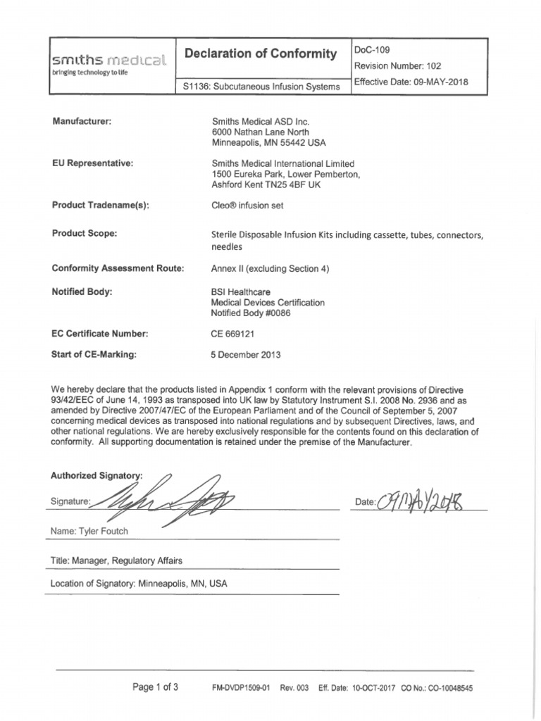 Smiths Medical Declaration - of - Conformity - 270899 | PDF
