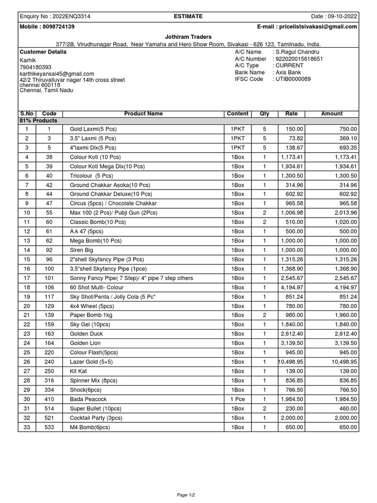 Jothiram Crackers Price List | PDF