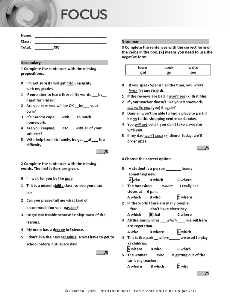 Focus2 2E Unit Test Vocabulary Grammar UoE Unit5 GroupB | PDF | English ...