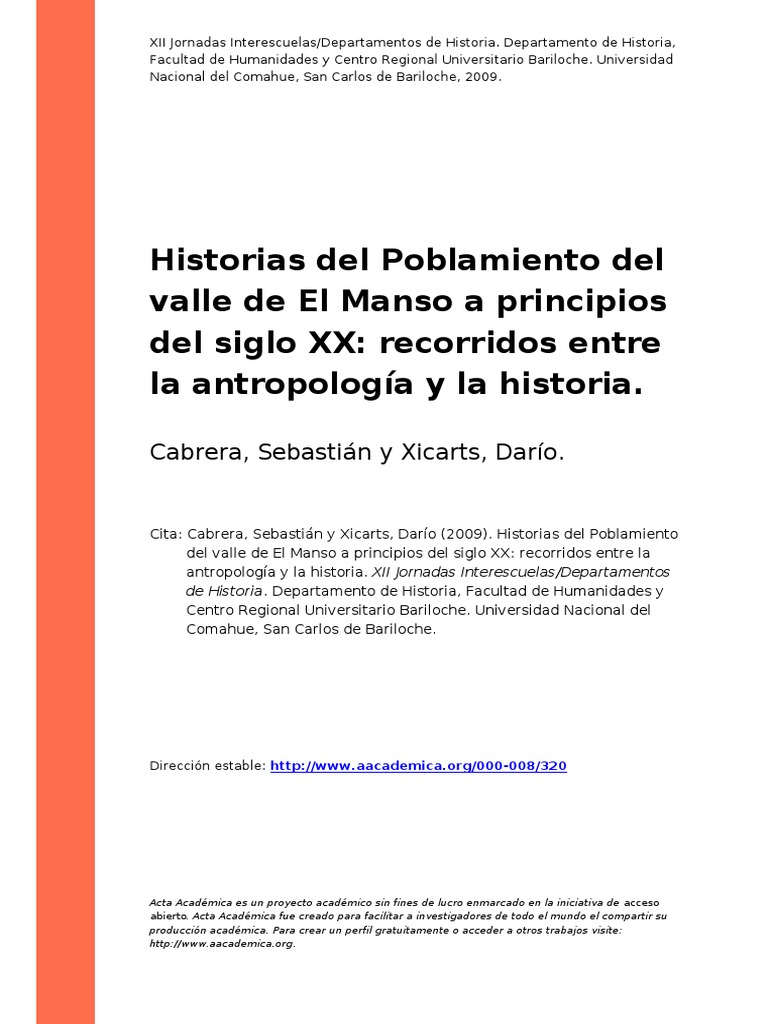 CABRERA Y XICARTS. 2009. Historias Del Poblamiento Del Valle de El Manso A Principios Del Siglo ...
