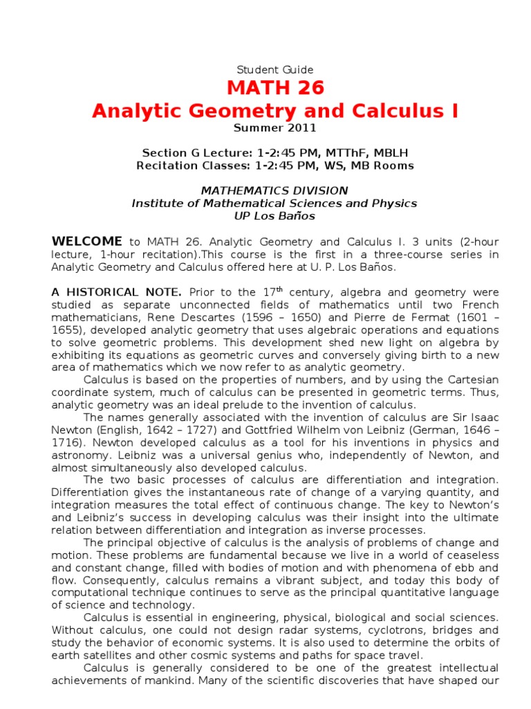 MATH 26 Student's Guide Summer 2011 | PDF | Calculus | Analytic Geometry