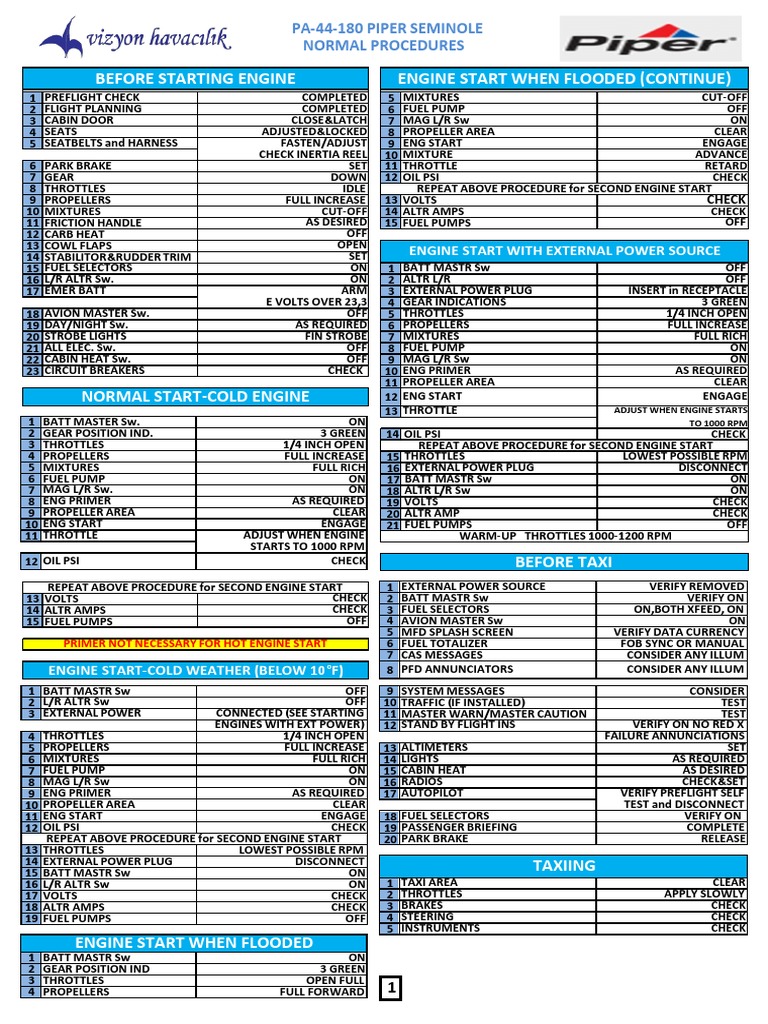 Pa-44-180 Quick Checklist-Normal Procedures | Download Free PDF | Flap ...