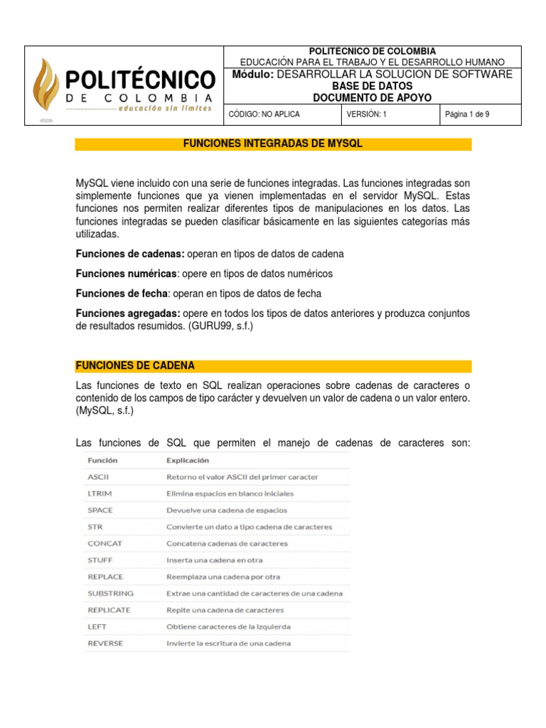 Funciones de MySQL | Descargar gratis PDF | SQL | Mi sql
