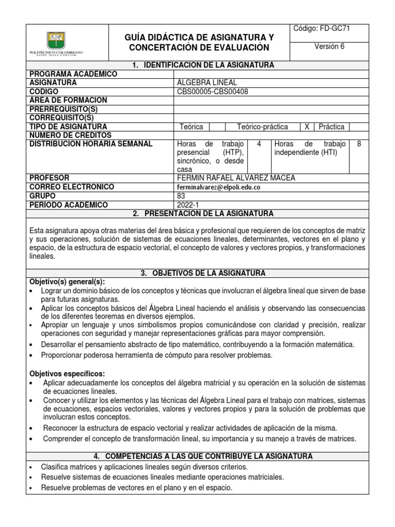 GUÍA DIDÁCTICA - Álgebra Lineal - 2022 Gr83 | PDF | Espacio vectorial ...