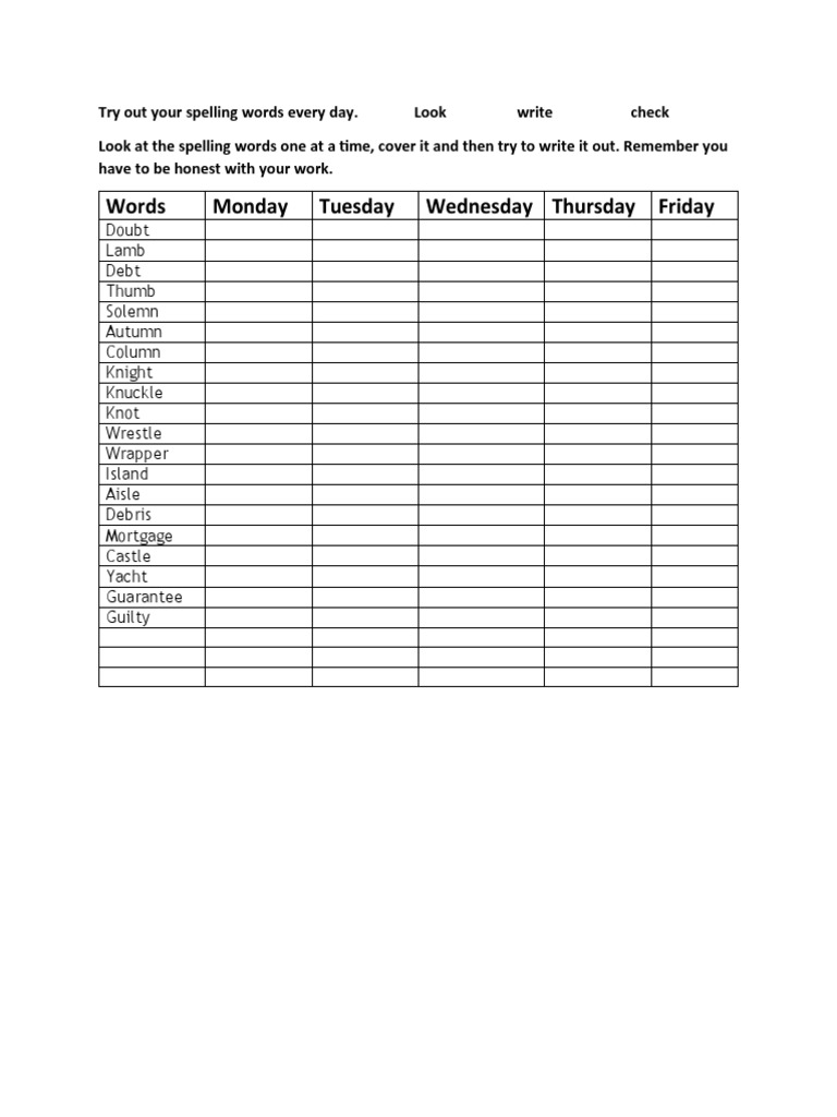 Spelling Words Practice | PDF