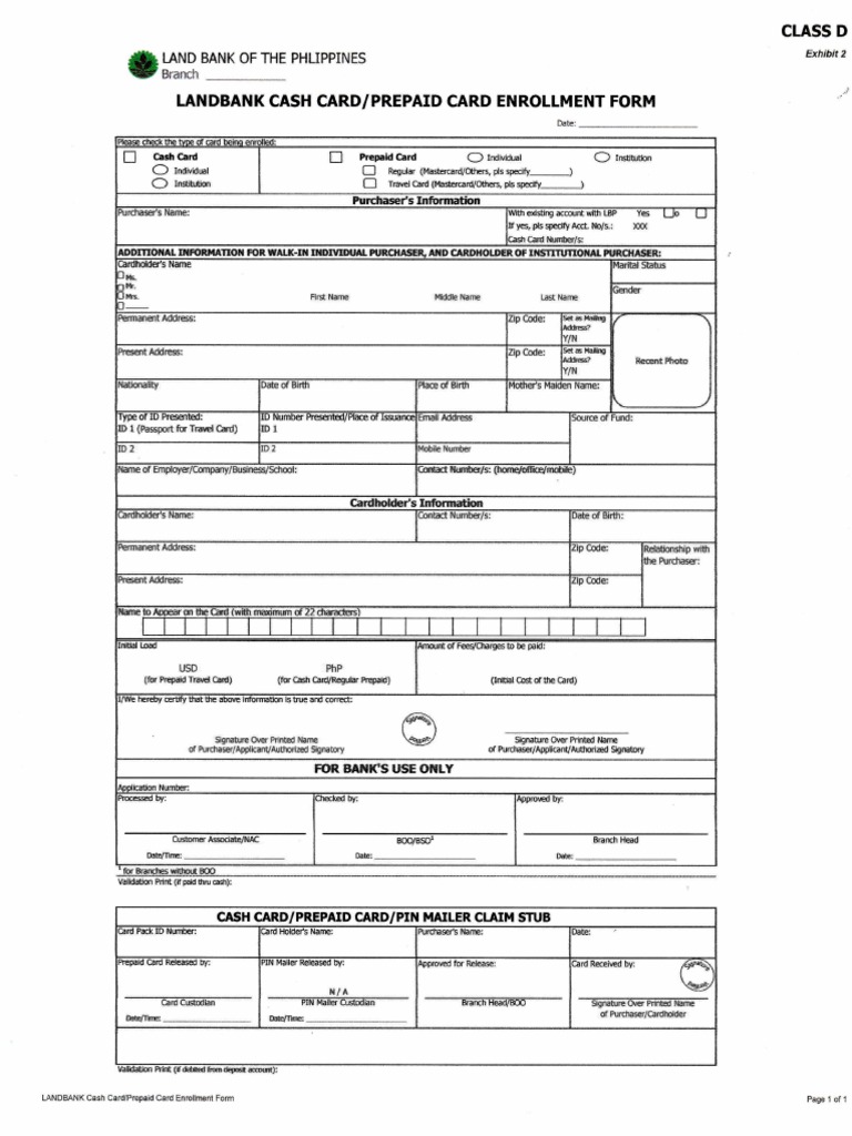 Landbank Cash Card Prepaid Card Enrollment Form | PDF