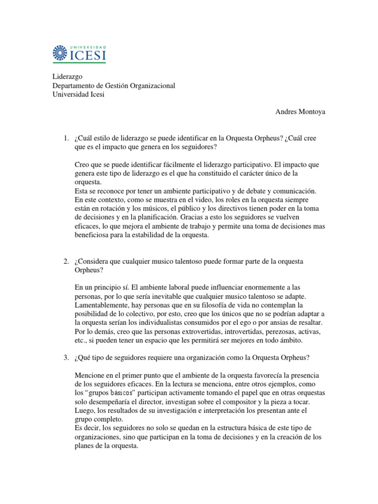 Ejercicio de Orquesta Orpheus - Andres Montoya | PDF | Liderazgo | Toma ...