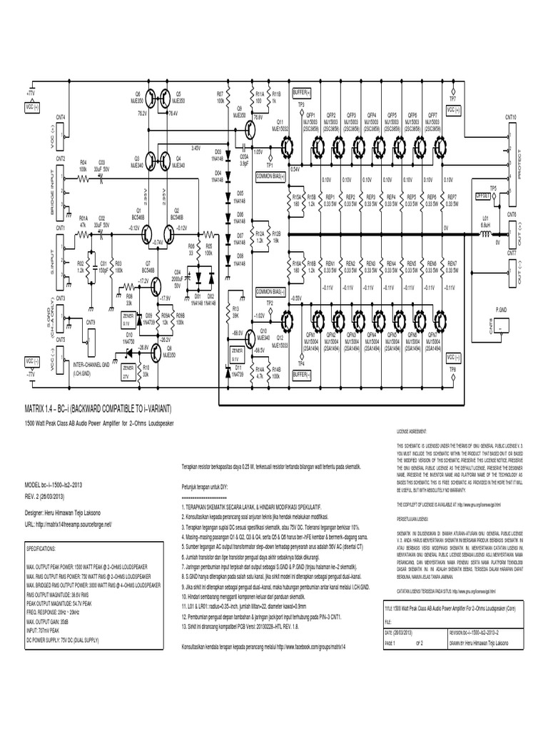 1500 Watt Peak Class AB Audio Power Amplifier For 2-Ohms Loudspeaker ...