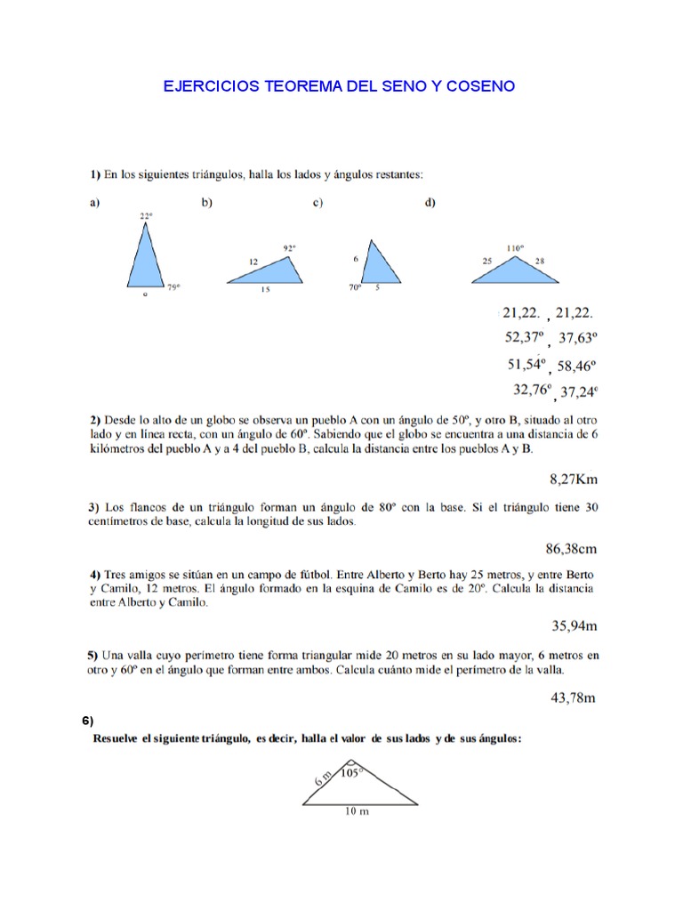 Ejercicios Teorema Del Seno y Coseno | PDF