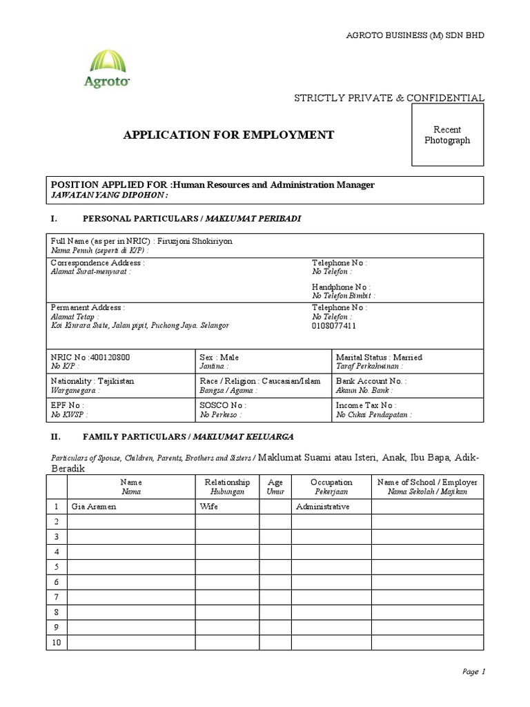 Employment Application for Agroto Sdn Bhd | PDF