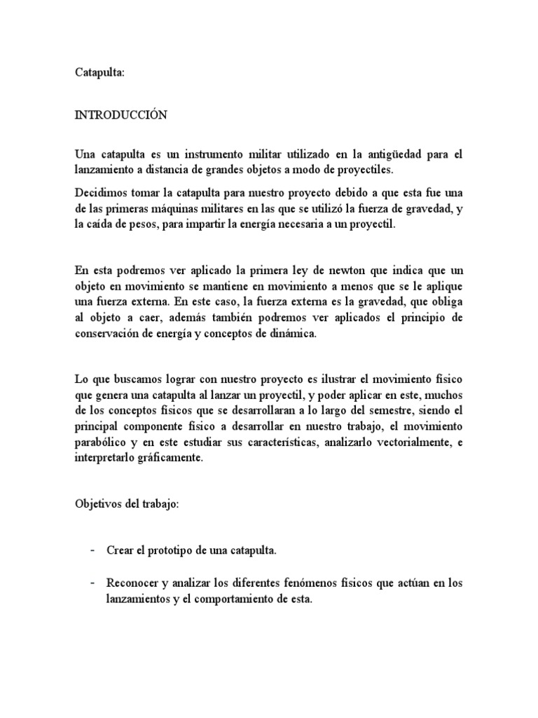 Física de la Catapulta: Principios y Aplicaciones | PDF | Fuerza | Science