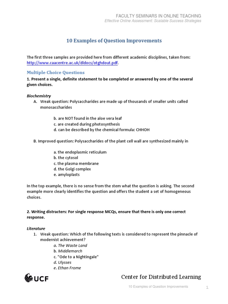 10 Examples of Question Improvements | PDF | Multiple Choice | Weight