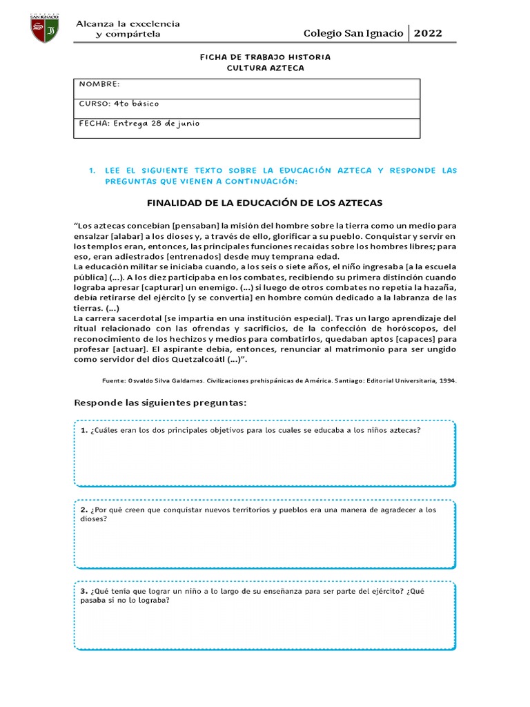 Ficha de Trabajo 1 Aztecas | PDF | Religión y espiritualidad