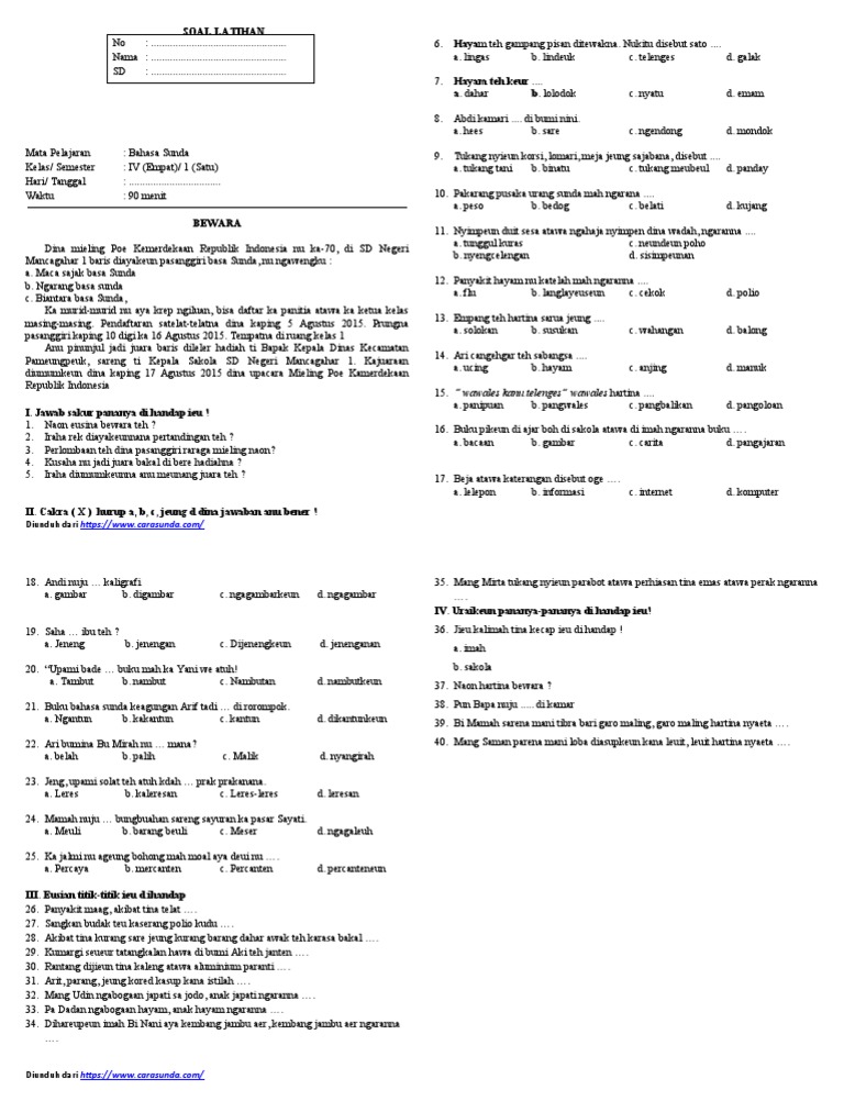 Soal Latihan PAS B. Sunda Kls 4 | PDF | Seni & Disiplin Bahasa | Seni