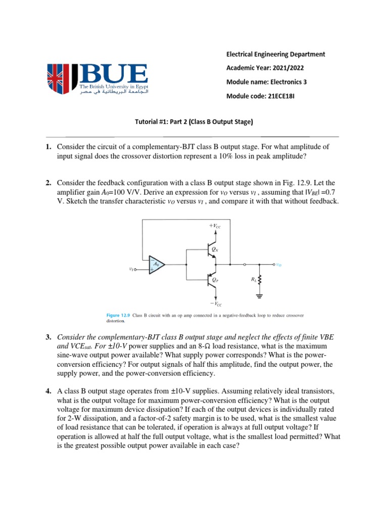 Tutorial 1 Part 2 Class B Output Stage Pdf Amplifier Electrical Engineering 