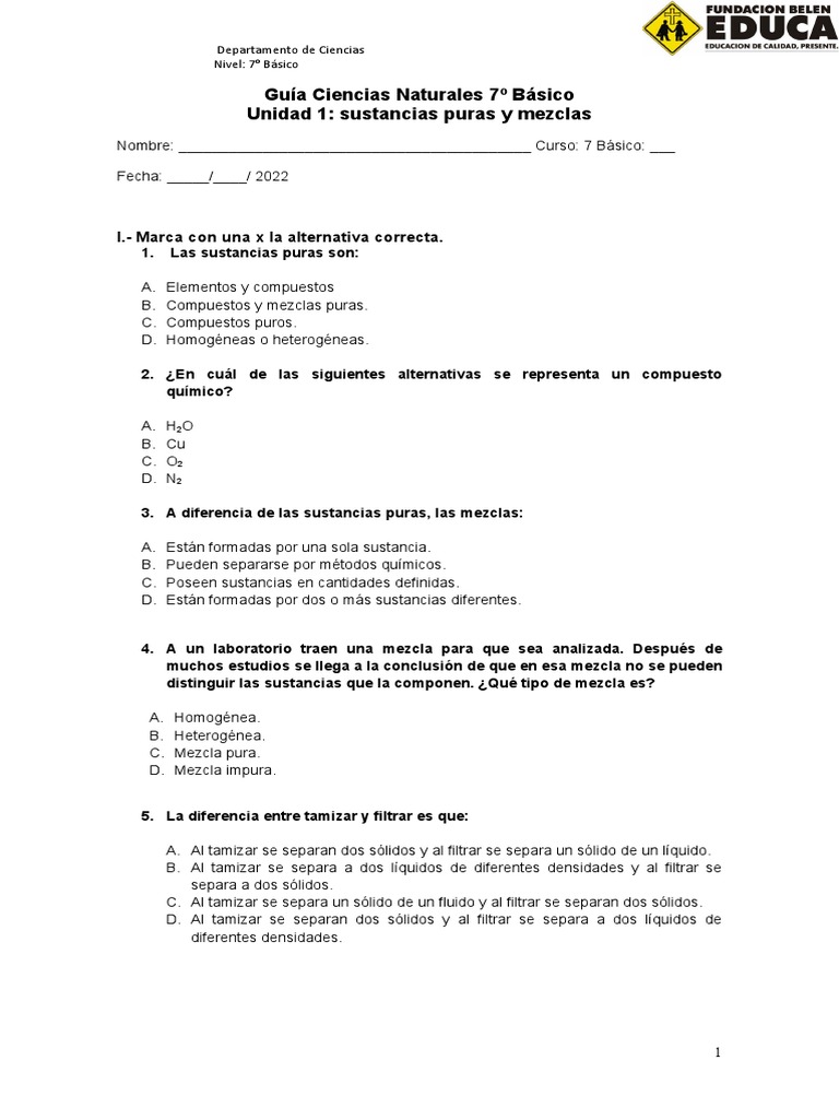 Guia de Preparacion Prueba Unidad | PDF | Mezcla | Destilación