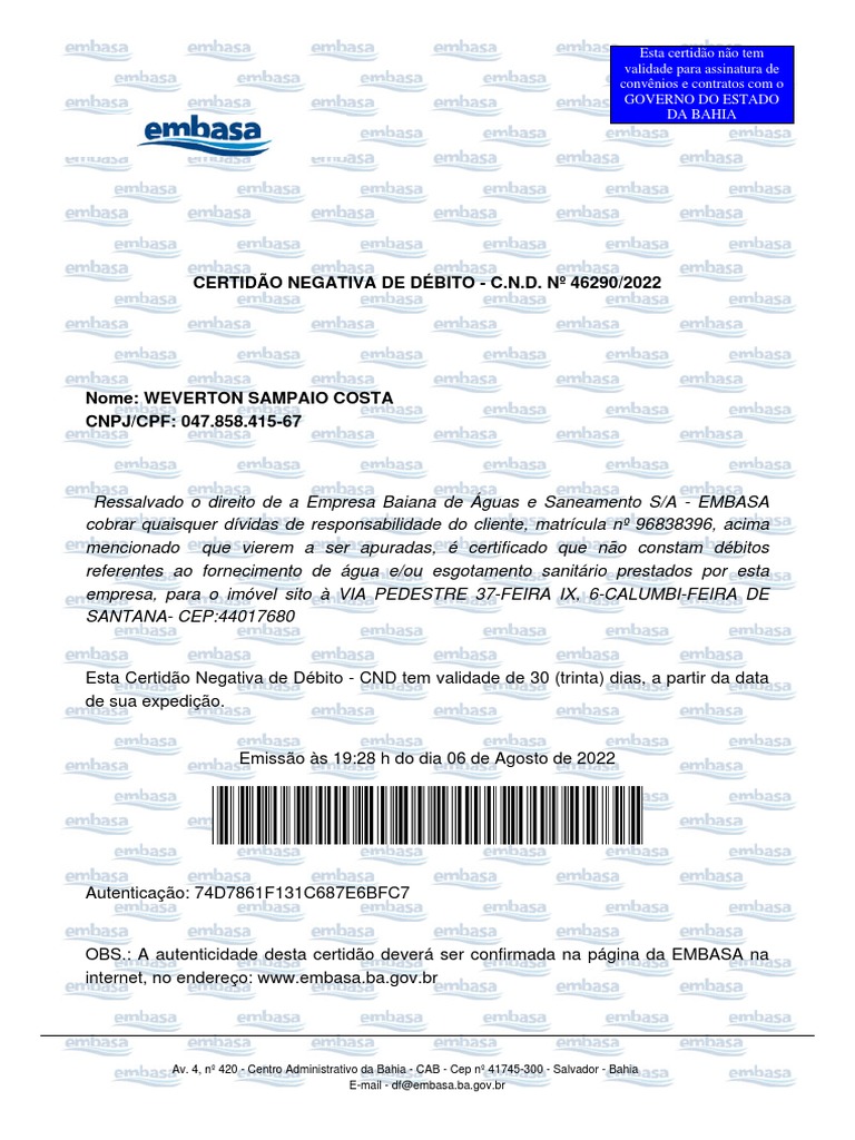 Embasa Certidaodebito | PDF