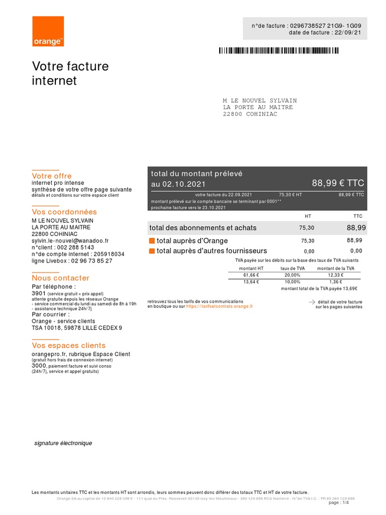 Facture Internet Orange Septembre 2021 | PDF | Facture | Taxe sur la ...