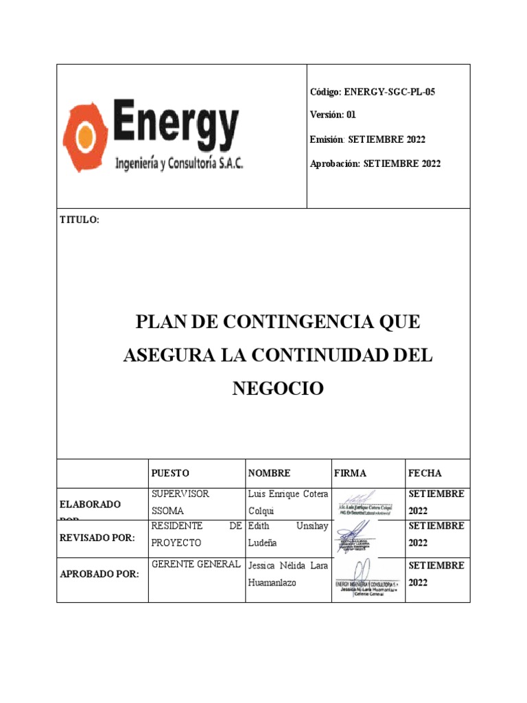 Plan de Contingencia Que Asegura La Continuidad Del Negocio Energy Oficial | PDF | Business | Riesgo