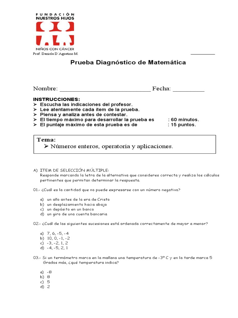 Prueba Diagnostico Matematica | PDF | Temperatura | Matemáticas