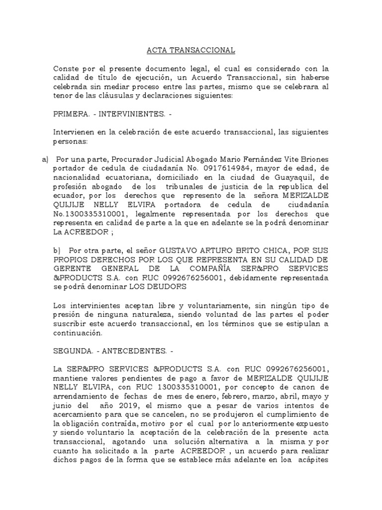 ACTA TRANSACCIONAL Sin Proceso Legal | PDF