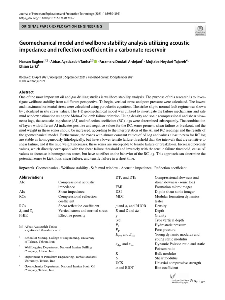 Geomechanical Model and Wellbore Stability Analysis Utilizing Acoustic ...