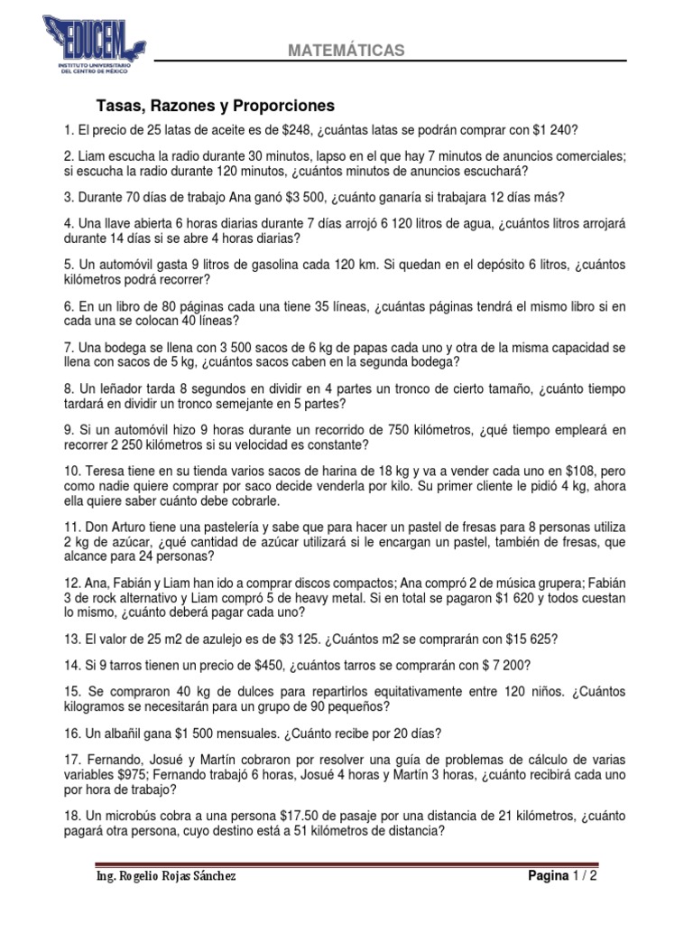Problemas de Tasas y Proporciones | PDF | Hogar, jardinería y bricolaje